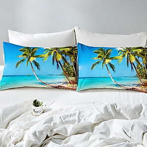 Ocean Beach Fitted Sheet Full Size, Hawaiin Palm Tree Bed Sheets Sets, Summer Coastal Sheets, Tropical Vacation Style Bedding Set, Blue Sea Wave Top Sheet 3Pcs with 2 Pillow Cases Deep Pocket