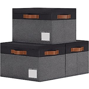 GhvyenntteS Fabric Storage Bins with Lids 3 Pack, Closet Storage Boxes with Lid and 3 Handles, Foldable Storage Baskets with Lids and Label Window for Home Office (Grey&Black, 15" x 11" x 9.7")