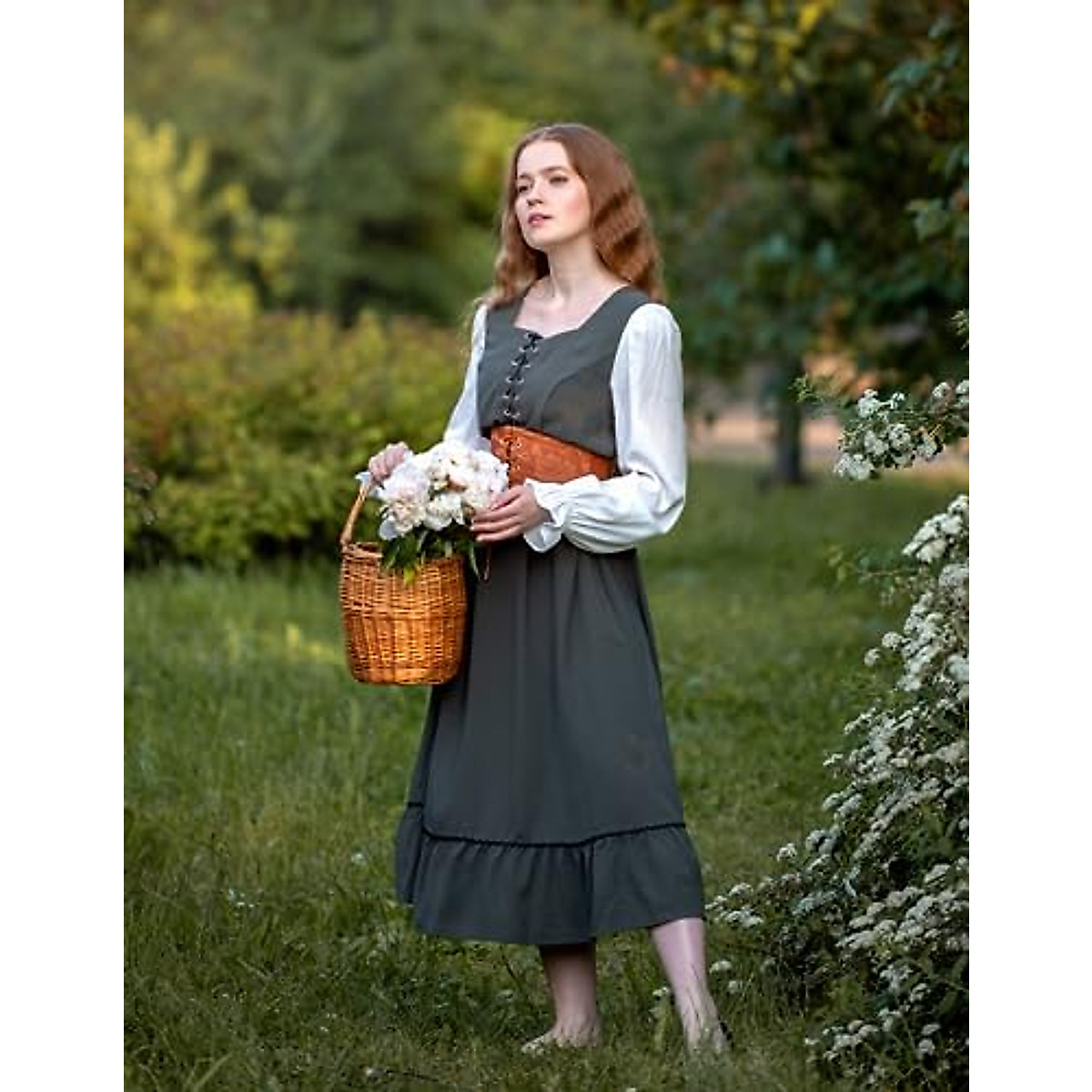 Renaissance Faire Costume Women Long Sleeve Midi Dress Modest Dress A Line Ruffle Medieval Dress Green L