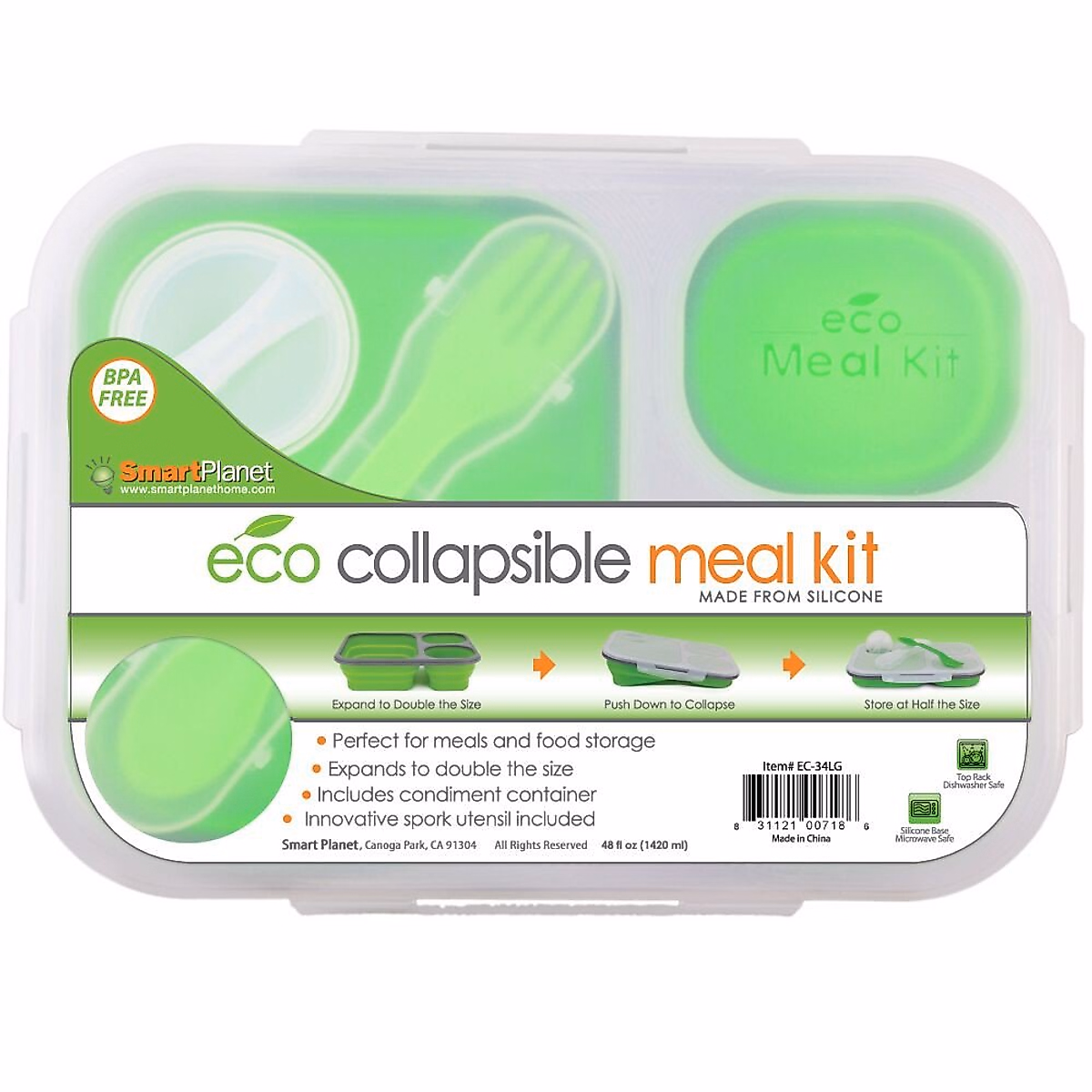 Smart Planet EC-34 Large 3-Compartment Eco Silicone Collapsible Meak Kit Lunch Box, Green