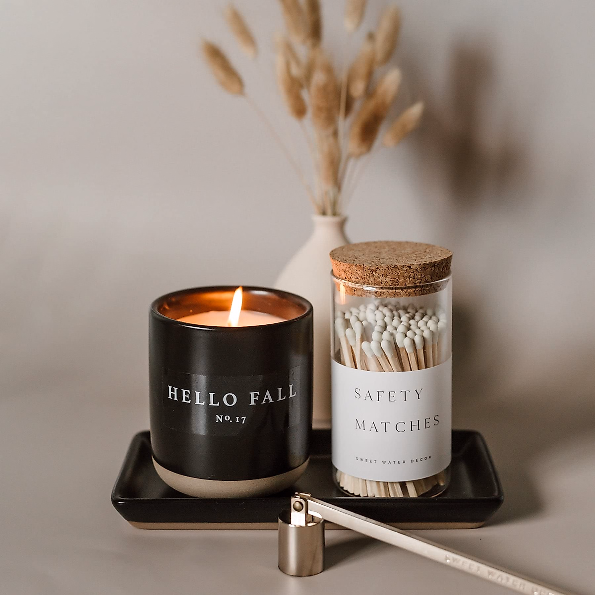 Sweet Water Decor Hello Fall Candle - Cinnamon Apples Cloves & Nutmeg Fall Scented Candle for Home - 100% Cotton Wick Soy Wax Candles with 60 Hour Burn Time Made in The USA - 12oz Black Stoneware Jar