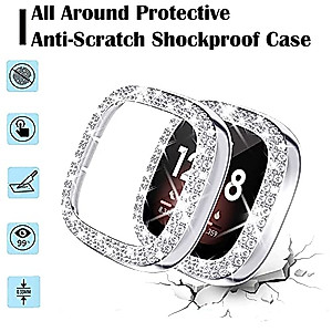 [Double Diamonds] SINGEAR Bling Protector Case Compatible for Fitbit Versa 3/ Sense, Shiny Crystal Rhinestone Bumper Frame for Women Smart Watch (4 Pack, Clear+Black+Silver+Gun Black)