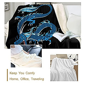 Sleepwish Traditional Fluffy Microfiber Fleece Throw Blue Chinese Dragon Sherpa Throw Blanket Throw(50"x60") Super Soft Reversible Ultra Luxurious Plush Blanket