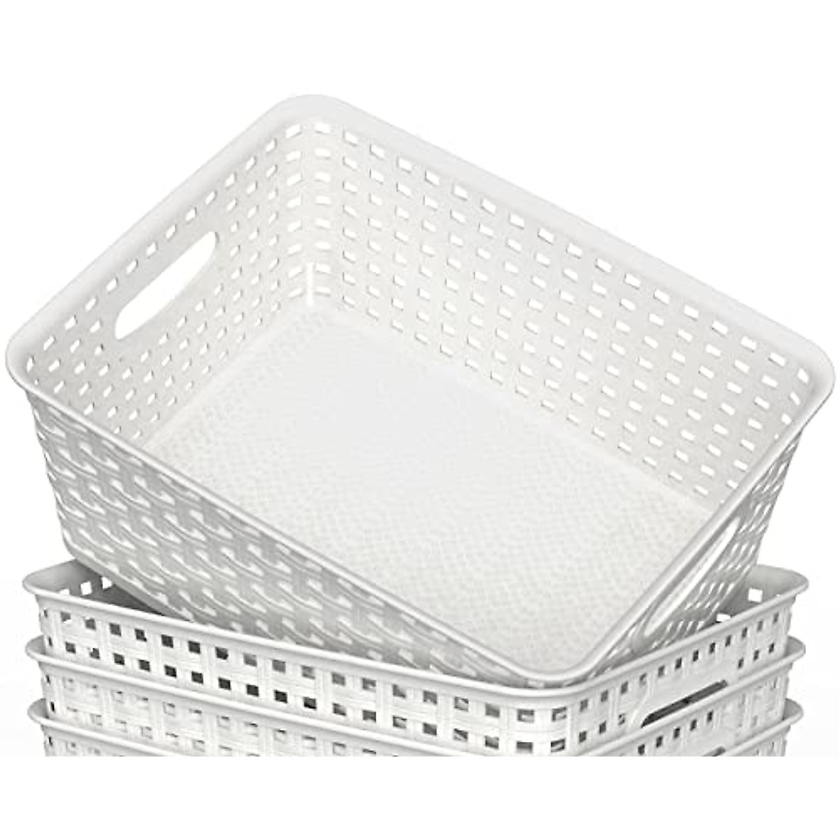 Woven Plastic Storage Baskets, 6 Pack White Weave Bins Organizer, 10.1" x 7.55" x 4.1"