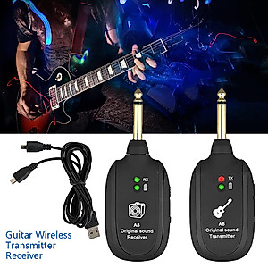 Wireless Guitar System, Wireless Guitar Transmitter and Receiver, 3.7V 600mAh 20Hz-20kHz UHF Built-in Rechargeable Support 4 Channels Transmitter Receiver with Plug for Electric Guitar Bass Organ