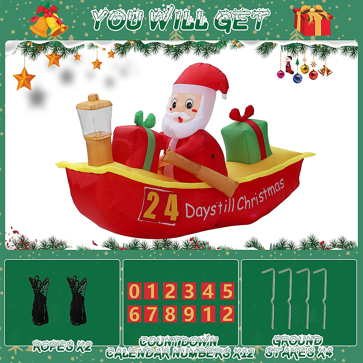 M MINGLE Christmas Inflatables Santa Claus, 7 FT Santa Inflatables Outdoor Decorations Countdown to Christmas, Blow up Yard Decorations Built-in LED Lights for Holiday Lawn Garden