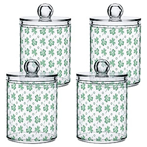 Kigai 2 Pack Apothecary Jars Saint Patrick's Day Clover Qtip Holder Organizer Clear Airtight Container for Cotton Swabs Food Storage 14oz Plastic Jars with Lids