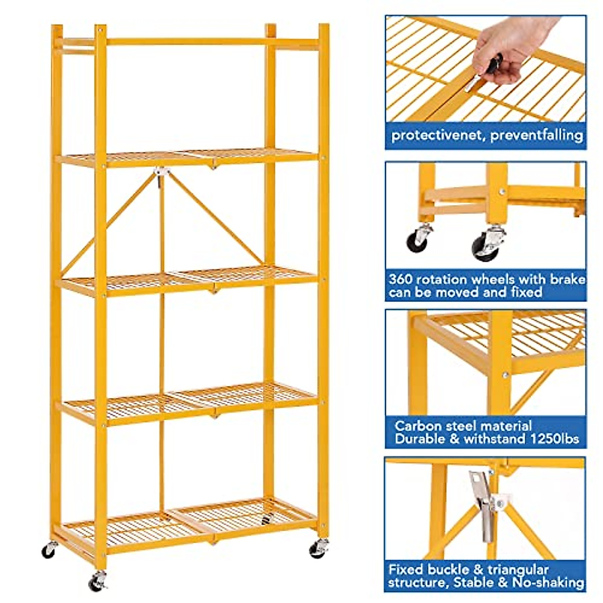 ShanSon Storage Shelves with Wheels 5 Tier Heavy Duty Foldable Metal Rack Storage Shelving Units for Garage Kitchen，Yellow