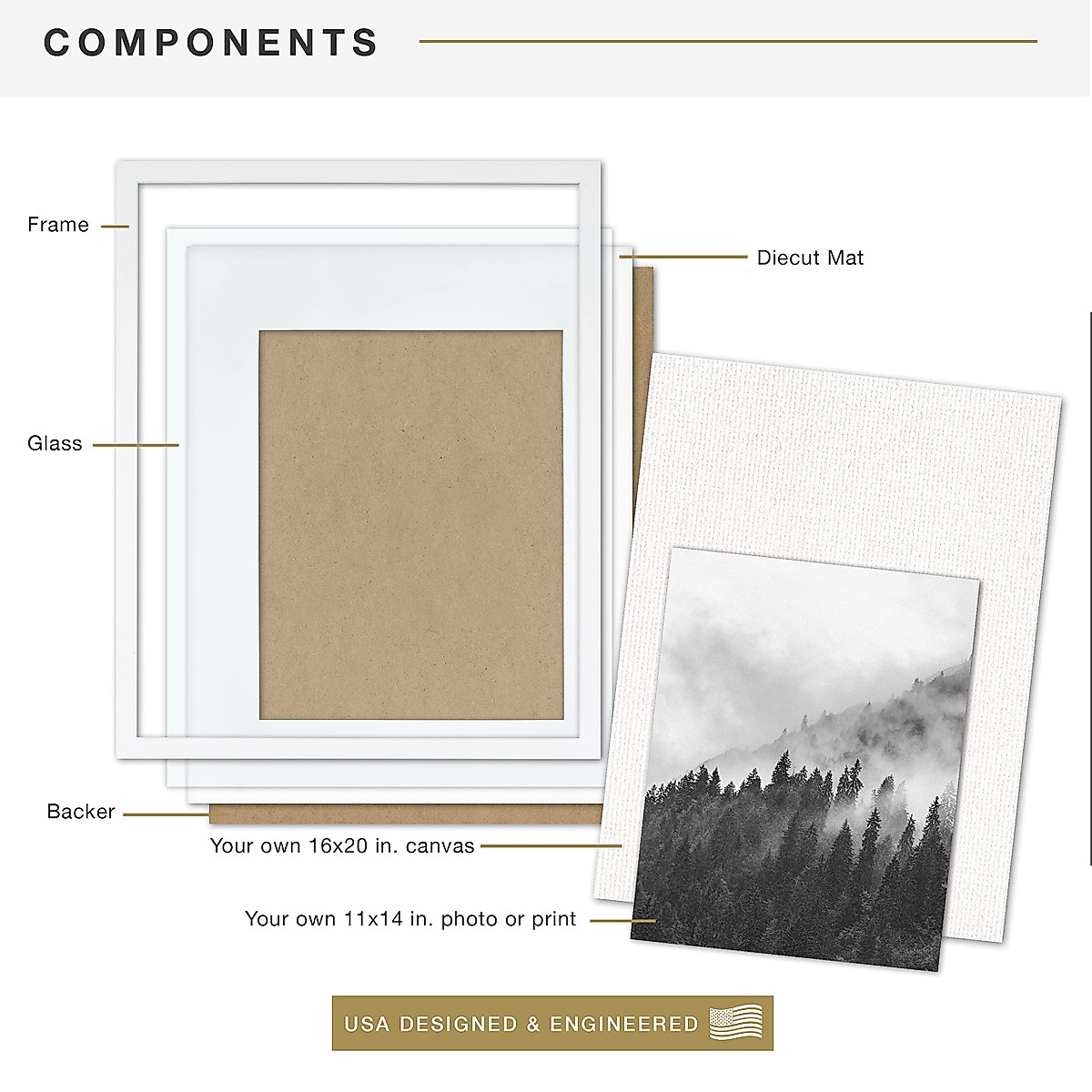 MCS Gallery Wooden Frame for Canvas, Art Boards, Photos and more, White, 16x20 with 11x14 Mat