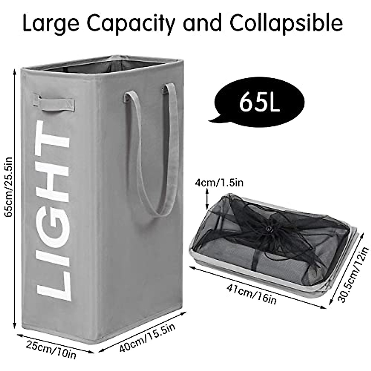 WOWLIVE Double 65L Slim Laundry Hamper 2 Pack Tall Thin Laundry Basket with Extended Handles Dark and Lights Separator Narrow Dirty Clothes Hamper Collapsible Laundry Organizer for Dorm Room (Grey)