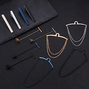 Sanfenly Tie Clips for Men Tie Bar Black Blue Gold Silver Tie Pin Tie Tack with Chain Set for Regular Ties Valentine's Day, Father's Day, Christmas Day Gift
