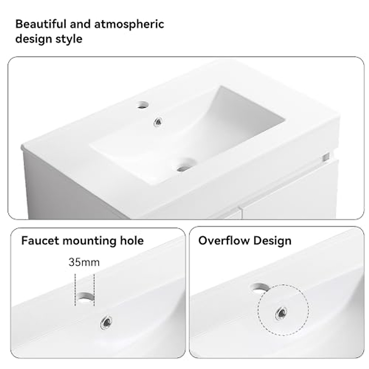 QuixotYDDZ 36 Inch Bathroom Vanity, Modern Freestanding Bathroom Vanity Cabinet with Ceramic Vessel Sink, Rubber Wood Bathroom Storage Cabinet with Top Basin and Metal Legs, White(No Faucets)