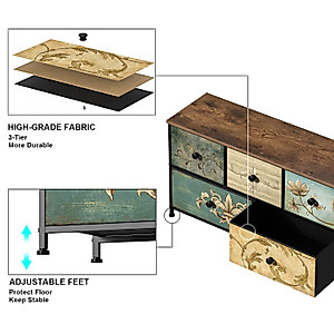 Tohomeor Dresser with Drawers for Bedroom Chest of Drawers Fabric Dresser for Closet,Nursery Entryway Hall Tree TV Stand for Living Room Retro Floral Pattern Drawers Wooden Top (5 Drawers)