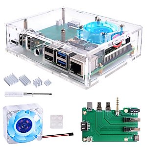 GeeekPi Acrylic Set-top Box Kit for Raspberry Pi, Pi 4 Case with 4010 Fan 5V (Blue LED Light) + Pi 4 Heatsinks + Extension Board for Raspberry Pi 4 Model B