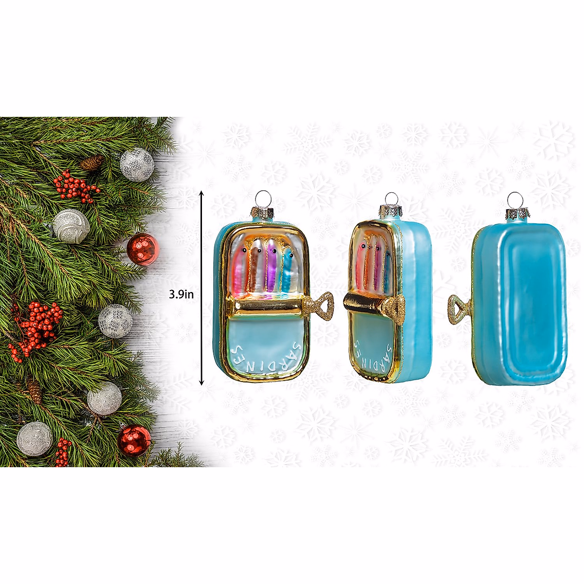 2 Pack Glass Sardine Tin Christmas Ornaments for Christmas Tree Decorations, Hanging Decorative Hand Painted Blown Glass Sardine Can Canned Fish Seafood Ornaments