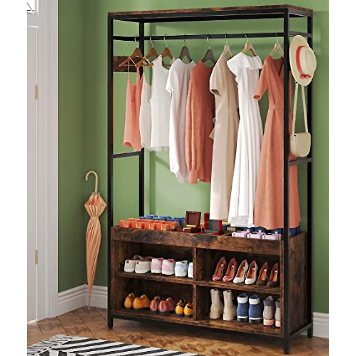 Tribesigns Freestanding Closet Organizer, Wooden Garment Rack for Hanging Clothes, Heavy Duty Wardrobe Rack with Storage, Industrial Clothing Racks with 6-Grid Organizer Box,Rustic Brown