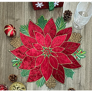 KEVA Holiday Christmas Placemats Set of 4, Embroidered Red Velvet Poinsettia Cutwork Christmas Table Decorations for Home and Kitchen, Red Placemats 16inch Round