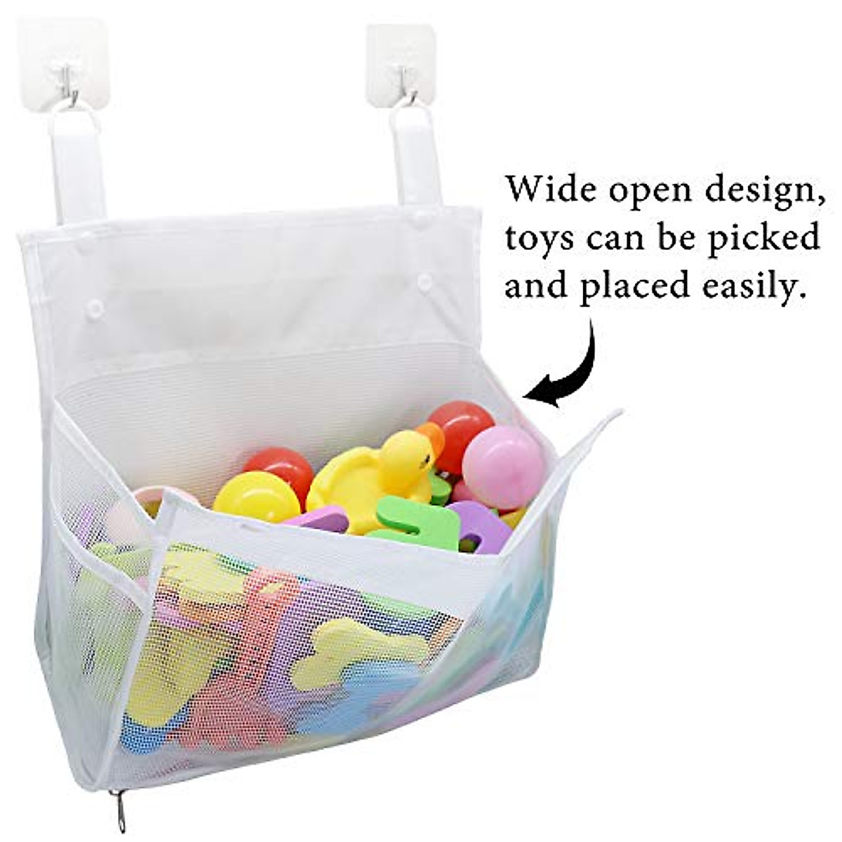 Bath Toy Organizer Multiple Ways to Hang, Extra Large Opening Bathroom Toy Holder, Bottom Zipper Bathtub Toy Storage Bag (White)