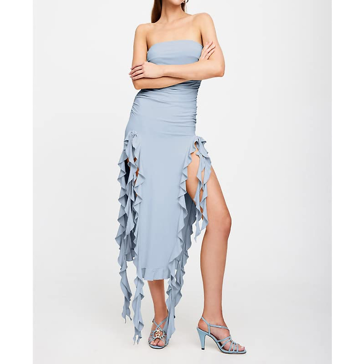 Women Sexy Ruffle Hem Strapless Long Dress Irregular Floral Tassel Split Ruched Bodycon Evening Party Tube Dress(01-Tube Light Blue,M)