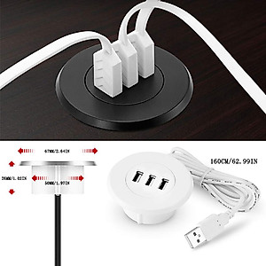 ForHe 5cm Grommet Hole in-Desk Mounting 3 Ports USB 2.0 Hub Adapter for Laptop PC Computer (160cm Cable)