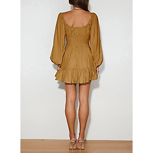 Dokotoo Womens Square Neck Sexy Dresses Long Lantern Sleeve Ruffle A-Line Brown Dresses for Women Smocked Tie Bow Elastic Waist Short Mini Dresses Large