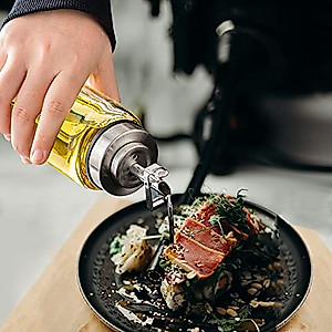 Suli Glass Olive Oil Dispenser Bottle -2 Pack17oz Oil and Vinegar Cruet Set with Steel Spouts and Labels for Kitchen Cooking, Salad Dressing, and BBQ (Silver)