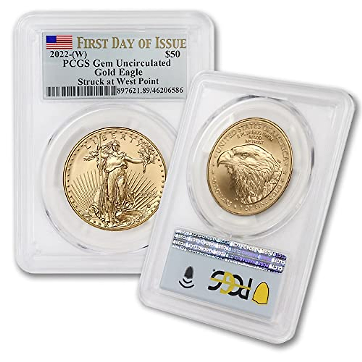 2022 W (W) 1 oz Gold American Eagle Coin Gem Uncirculated (First Day of Issue - Struck at West Point - Flag Label) 22K $50 PCGS GEMUNC