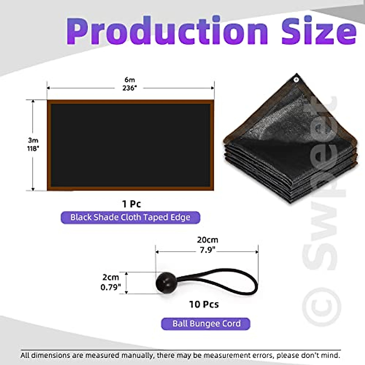 Swpeet 11Pcs 10ft x 20ft 70% Black Shade Cloth with Grommets and Bungee Cord Assortment Kit, Greenhouse Garden Shade Cover Plant Shades Garden Shade Mesh Sunblock Shade for Plant Cover