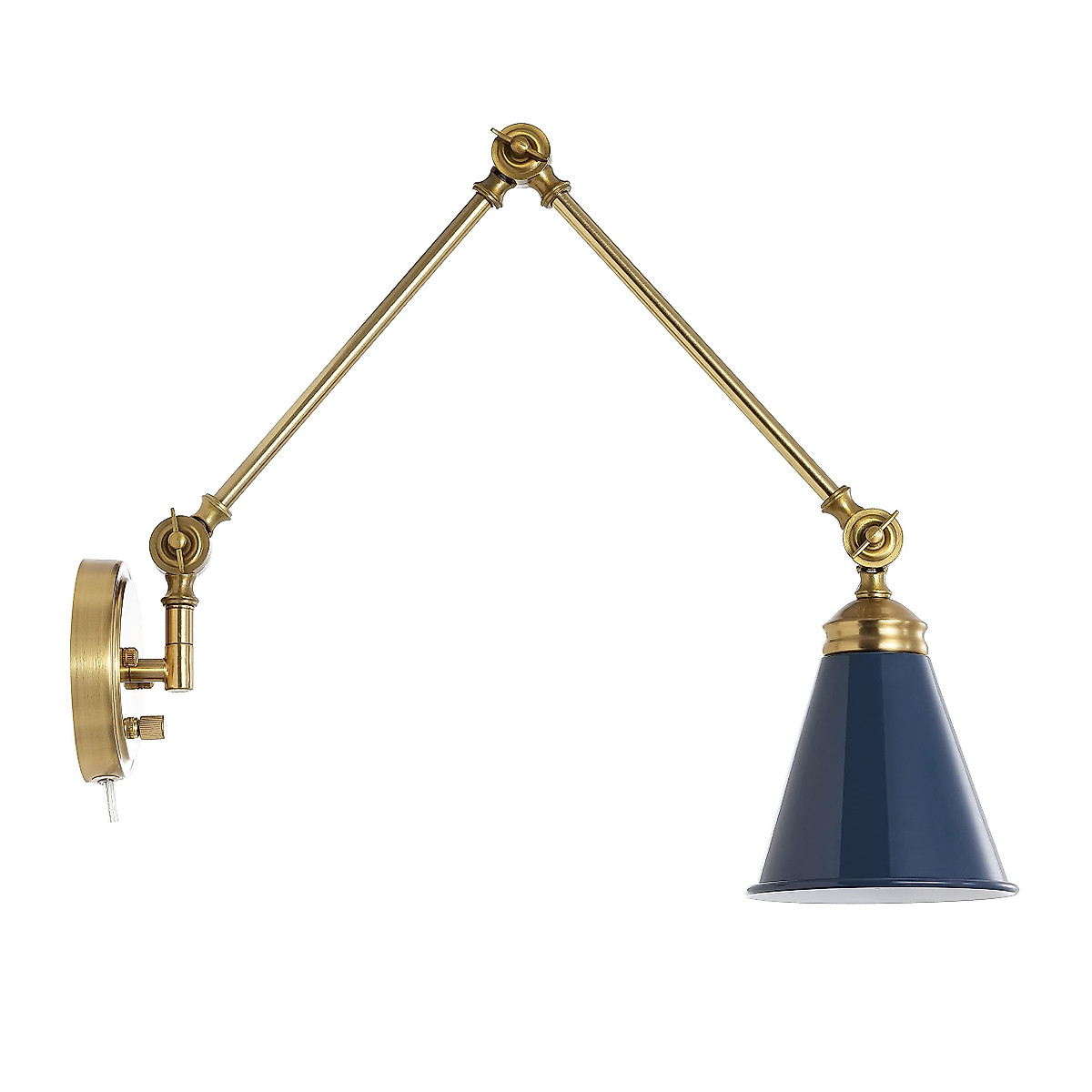 WINGBO Swing Arm Wall Lamp, Modern Adjustable Wall Mounted Sconce, Warm Brass Finish and Blue Metal Shade