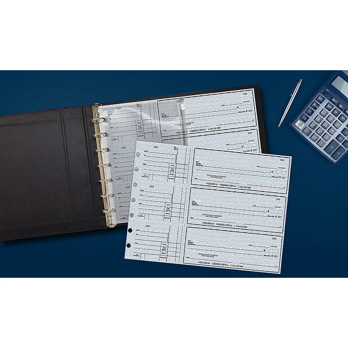 Better Office Products 7 Ring Executive Check Binder with Zipper Pouch, Black Textured Cover, for 9 x 13 3 Per Page Business Checks, 600 Check Capacity Checkbook Holder,