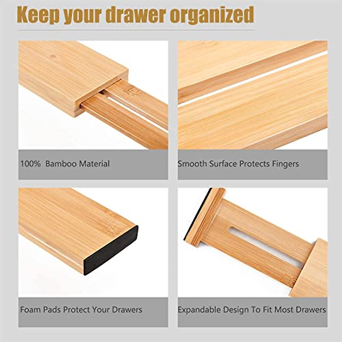 4 Pack Bamboo Drawer Dividers Kitchen Drawer Organizers-Adjustable from 17-22 Inch, Clothes Fabric Drawer Organizer Expandable Drawer Organization Separators for Bathroom Bedroom Office Dresser Desk