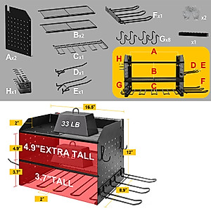 Havenfly Power Tool Organizer Wall Mount with Power Strip, 6 Drill Holder, Heavy Duty Metal Drill Storage Shelf with 8 Hooks, 3 Layer Storage Shelf with 2 Side Pegboards, Ideal Gifts for Men