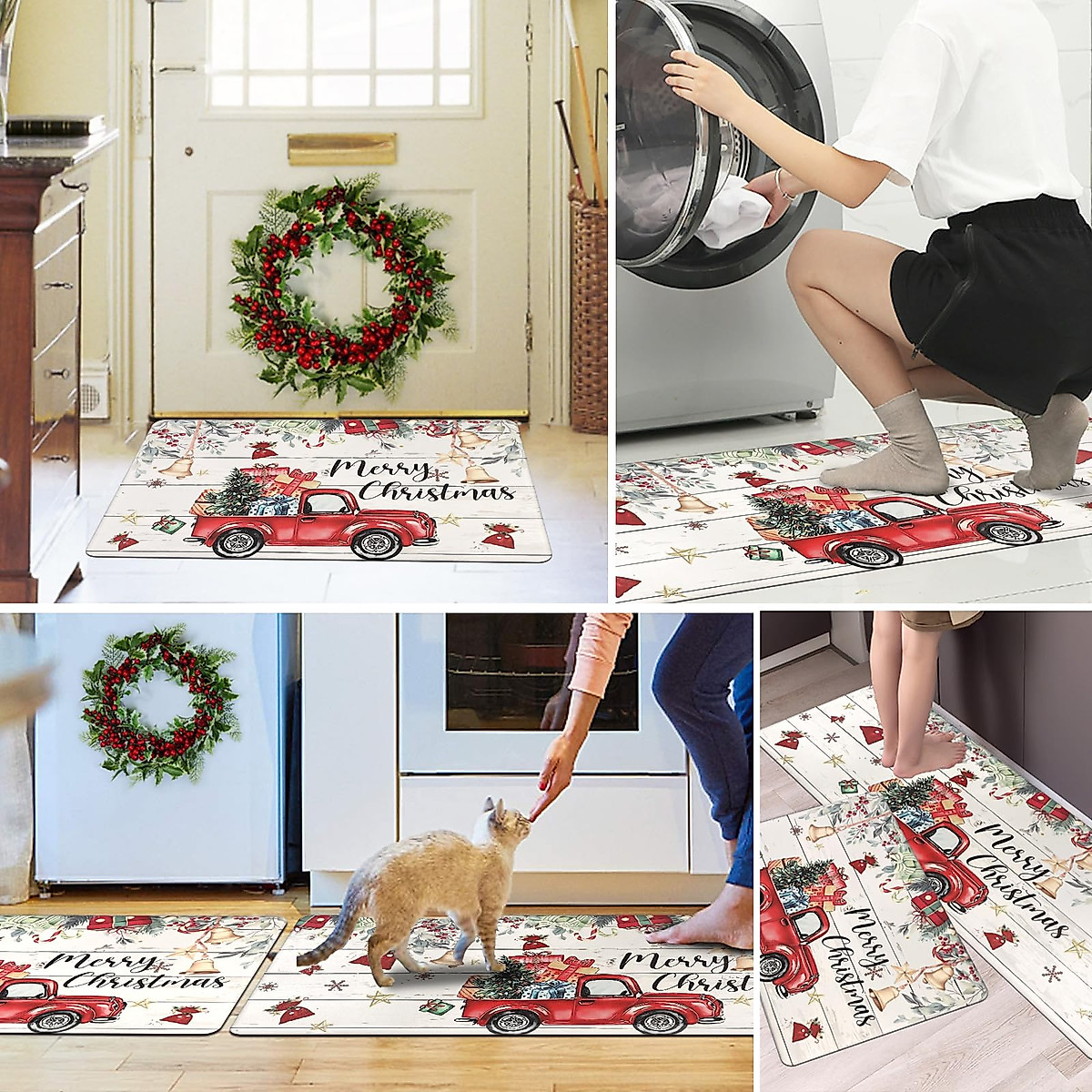 VSIWB Christmas Kitchen Rugs Sets of 2 Rustic Anti Fatigue Kitchen Mats for Floor Red Truck Wood Grain Kitchen Rugs and Mats Non Slip Cushioned Floor Carpet for Winter Holiday Xmas Home Decor