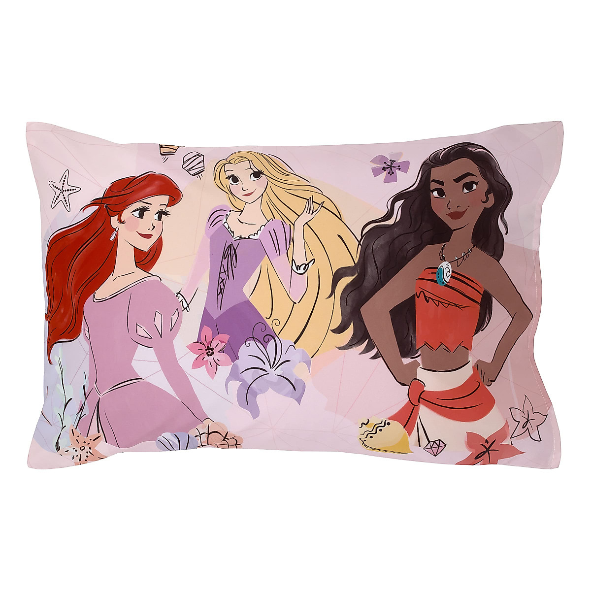 Disney Princess Bold As Ever Pink, Lavender, Yellow Belle, Cinderella, Mulan, Ariel, Moana and Rapunzel 2 Piece Toddler Sheet Set - Fitted Sheet and Reversible Pillowcase