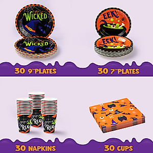 JOYIN 120 PCS Halloween Party Supplies Set with 30 Pcs Plastic Cups, 30 Pcs 9" Paper Plates, 30 Pcs 7" Plates and 30 Pcs Napkins (Serve 30), Halloween Themed Tableware Set Party Decorations