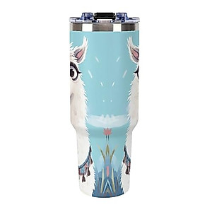 LLUTSNTH 40 Oz Vacuum Tumbler with Deep Blue Handle Leakproof Insulated Tumbler Llama Stainless Steel Travel Mug with Lid And Straw Coffee Cup Cute Water Bottles Cup Holder Friendly