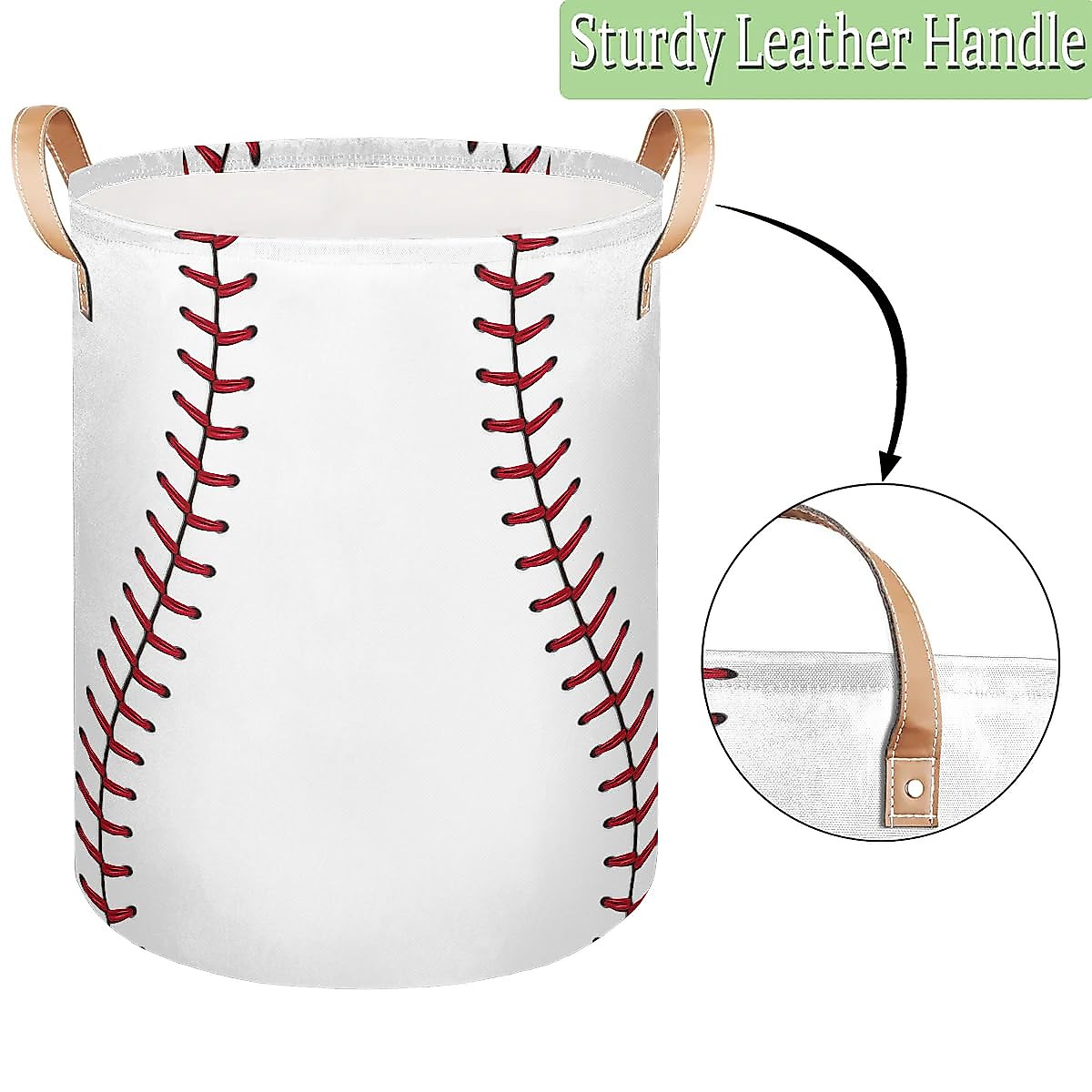 Large Laundry Basket Baseball Texture Laundry Hamper with Leather Handle, Sport Baseball Collapsible Organizer Basket Freestanding Tall Clothes Hamper for Bathroom Bedroom Living Room