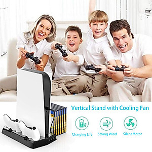 Vertical Stand with Cooling Fan, for PS5 Digital Edition and PS5 UHD Edition, Fast Cooling, Safe and Quiet, with Dual DualSense Controller Charger Ports and Retractable Game Storage