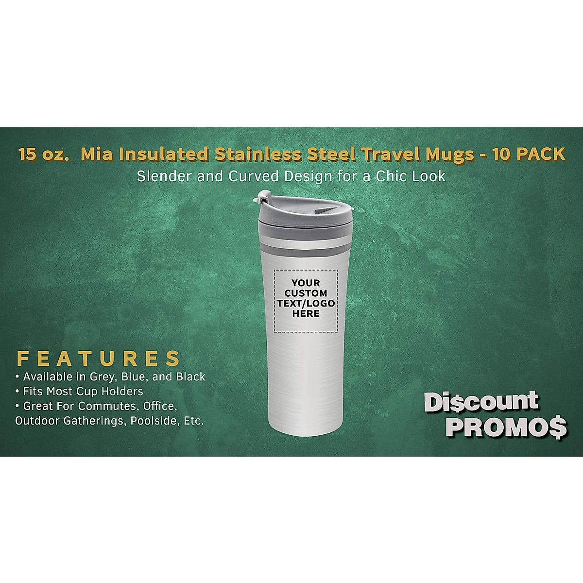Personalized 15 oz. Mia Insulated Stainless Steel Travel Mugs - 10 pack Custom Text, Logo - Grey