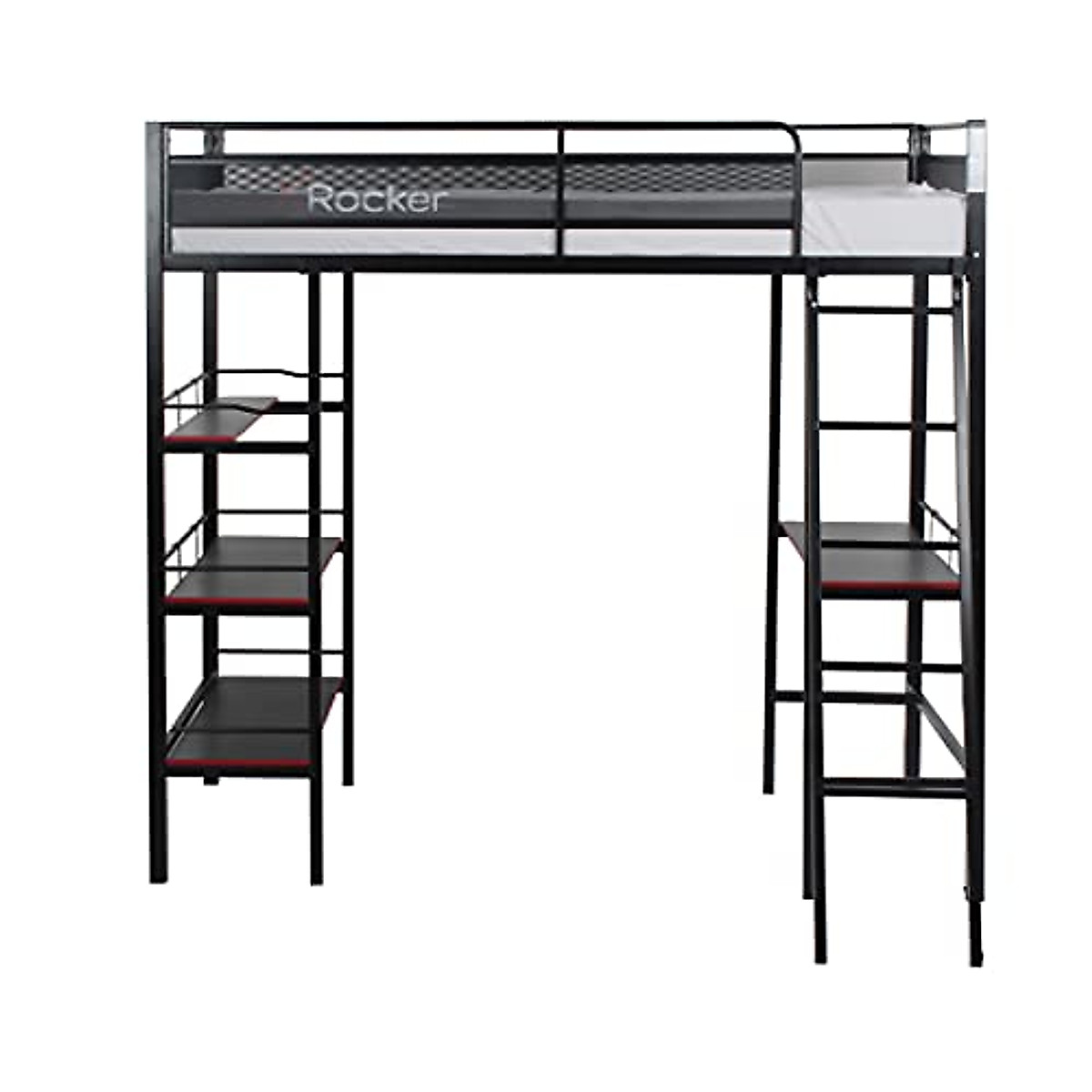 X Rocker I Fortress Gaming Bunk Bed I Built-in Desk and Shelving I Sturdy Metal Frame I Red Wooden Trim I Black
