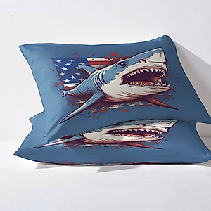 Shark Sheets Full Size, American Flag Bed Sheets, Patterned Bedding Sheets & Pillowcases 4 Piece Set - Soft Microfiber Deep Pocket Fitted Sheet & Flat Sheet & 2 Pillow Cases L8-&-191