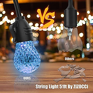 ZIZOCCI String Lights for Outside, String Lights Outdoor, String Lights Indoor, 51ft Patio Shatterproof Waterproof, Remote Control & App, Wedding, Christmas, Birthday, Balcony, Garden Party