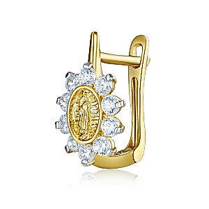 14k REAL Yellow Gold CZ Our Lady of Guadalupe Huggie Hoop Earrings