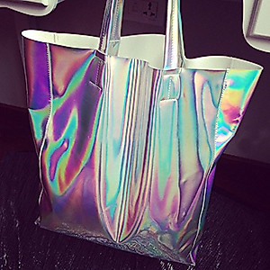Van Caro Womens Open Top Holographic Tote Shoulder Bag Laser Shopper Bag Silver