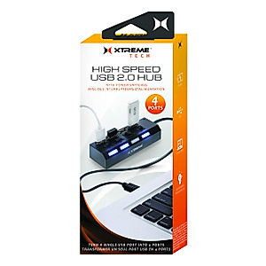 Xtreme 4-Port USB Hub, 4 Individual LED Power Switches, Works With Laptops/Desktops, Supports All USB Devices: Wireless Mice, Smartphones, Tablets, Plug and Play Installation