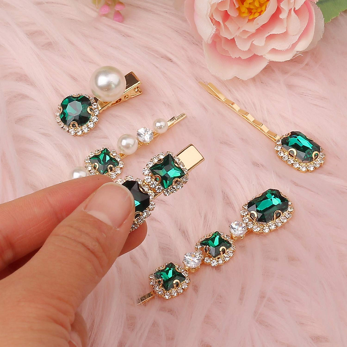 5 pcs Pearl Hair Pins for Women Hair Accessories Green Hair Clips Hair Bling Pearl Bobby Pins Emerald Hair Barrettes for Hair Styling