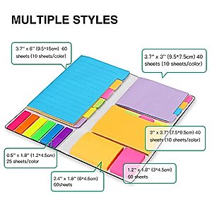Sticky Notes Set, Hommie Colored Divider Self-Stick Notes Pads Bundle, Prioritize with Color Coding, 60 Ruled (3.7x6), 40 Dotted (3.7x3), 40 Blank (3x3.7), 60 Per Rectangular, 25 Per PET Color