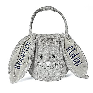 Personalized Easter Candy Basket with Embroidered Name - Custom Bunny Plush Tote Bag Easter Baskets for Kids - Egg Bucket Goodies Bags for Easter - Cute Easter Gift Carrying Buckets- Gray