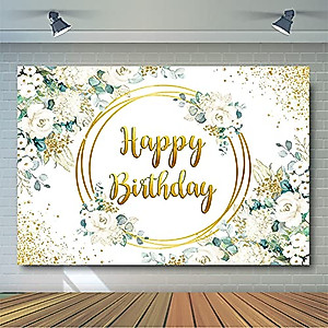 Avezano Greenery Happy Birthday Backdrop for Girl Women Green and Gold Eucalyptus Green Leaves White Rose Flower Birthday Party Decorations Background Photoshoot Photobooth (7x5ft)