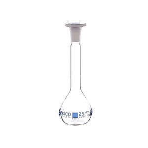 EISCO Volumetric Flask, 25ml - Class A - 10/19 Polyethylene Stopper, Borosilicate Glass - Blue Graduation, Tolerance ±0.040